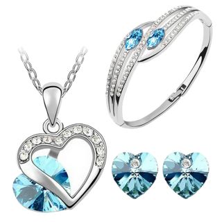 Cyan Heart Shape Austrian Crystal Rhodium Plated Jewelry Set And ...