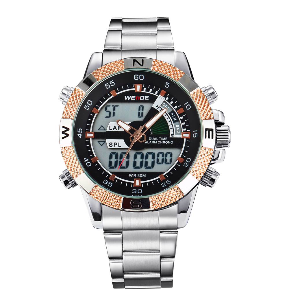 Weide Golden Pointers LCD and Analog Dual Time Waterproof Wrist Watch
