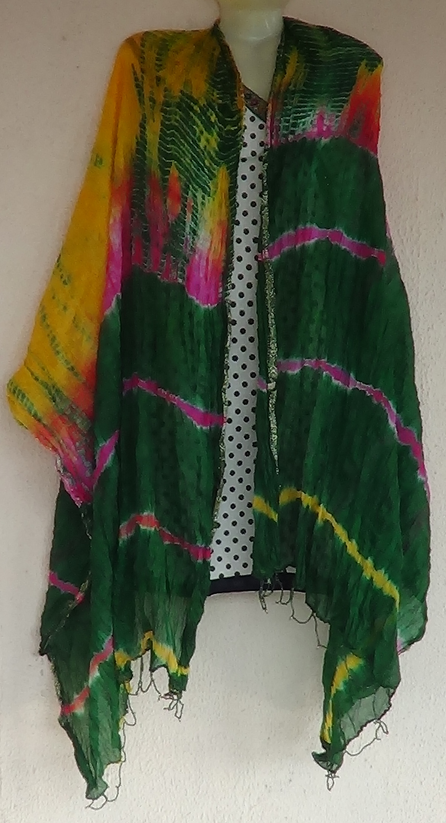 Tie Dye India Shawl Dupatta Chunni Scarf beaded Fringe Hand Crafted Green