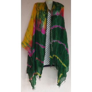 Tie Dye India Shawl Dupatta Chunni Scarf beaded Fringe Hand Crafted Green