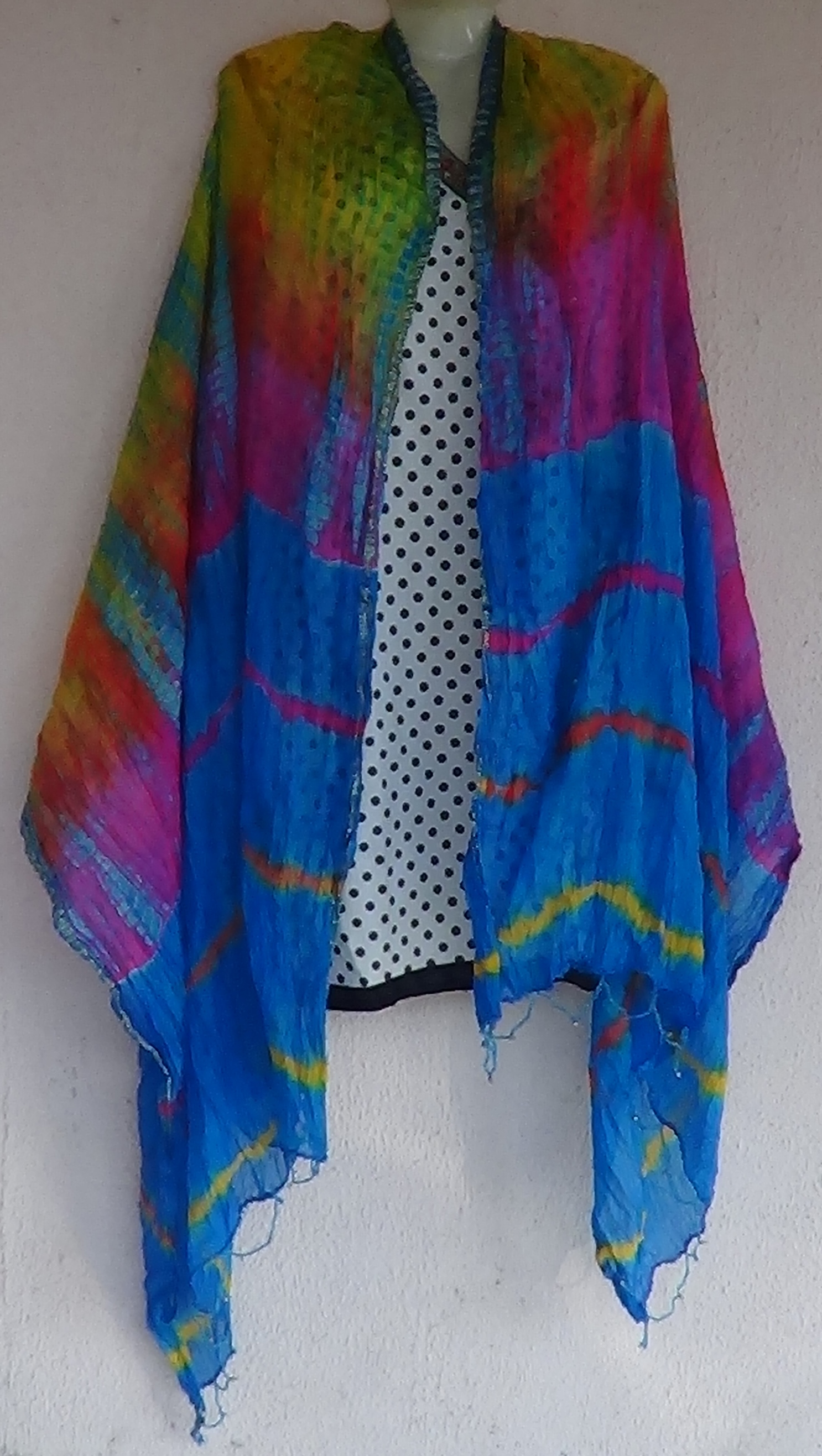 Tie Dye India Shawl Dupatta Chunni Scarf beaded Fringe Hand Crafted L blue