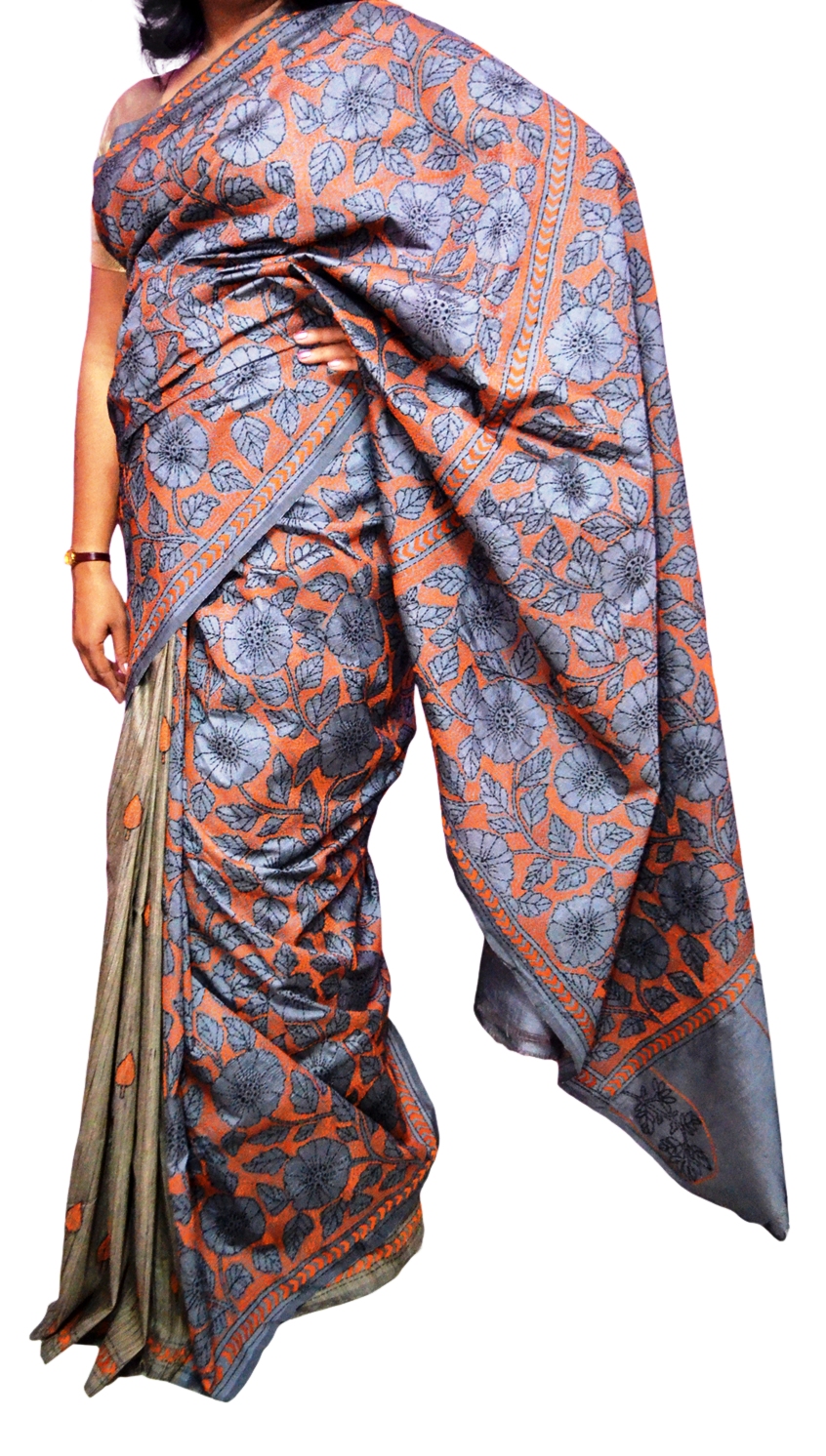 Buy Reverse Kantha on Grey Tussar Gheecha Silk Online @ ₹5850 from ...