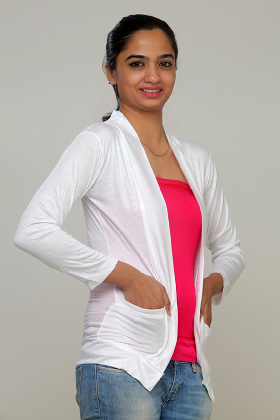 Buy uc solid white shrug with pockets & full sleevs Online @ ₹299 from ...