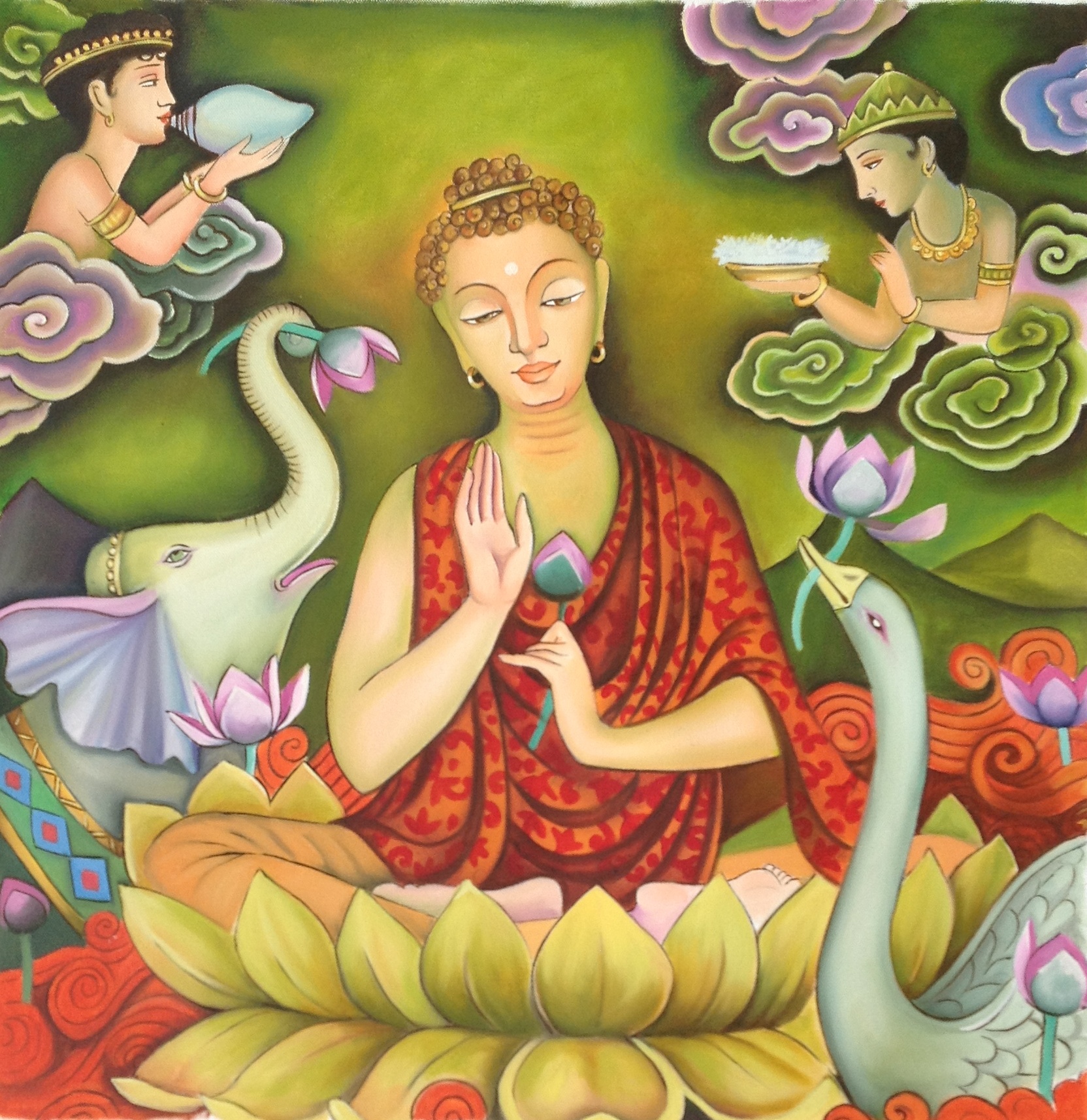 Buy Canvas Wall Painting Lord Buddha on Lotus in water color ...