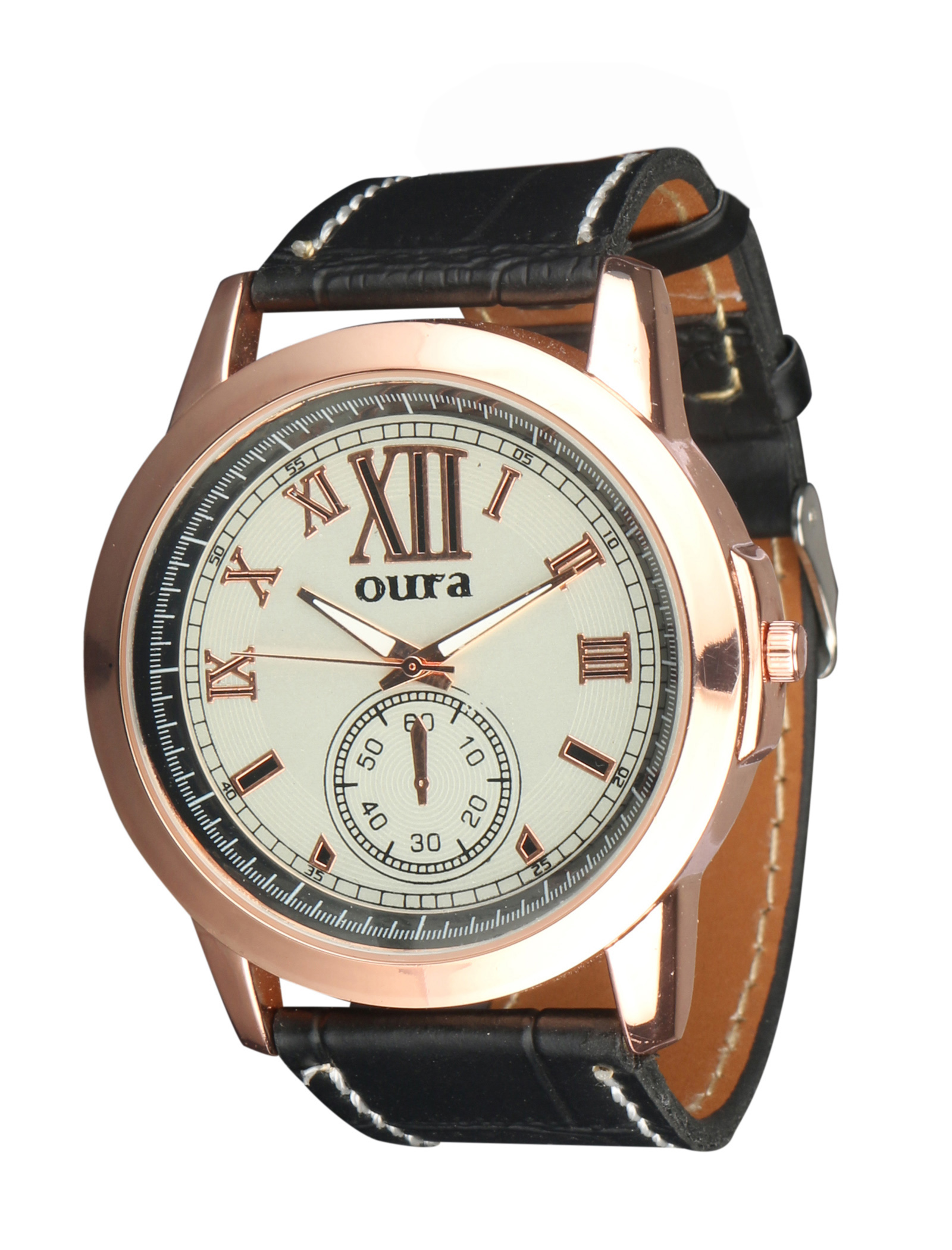 Buy Oura Round Dial Black Leather Strap Quartz Watch For Men Online ...