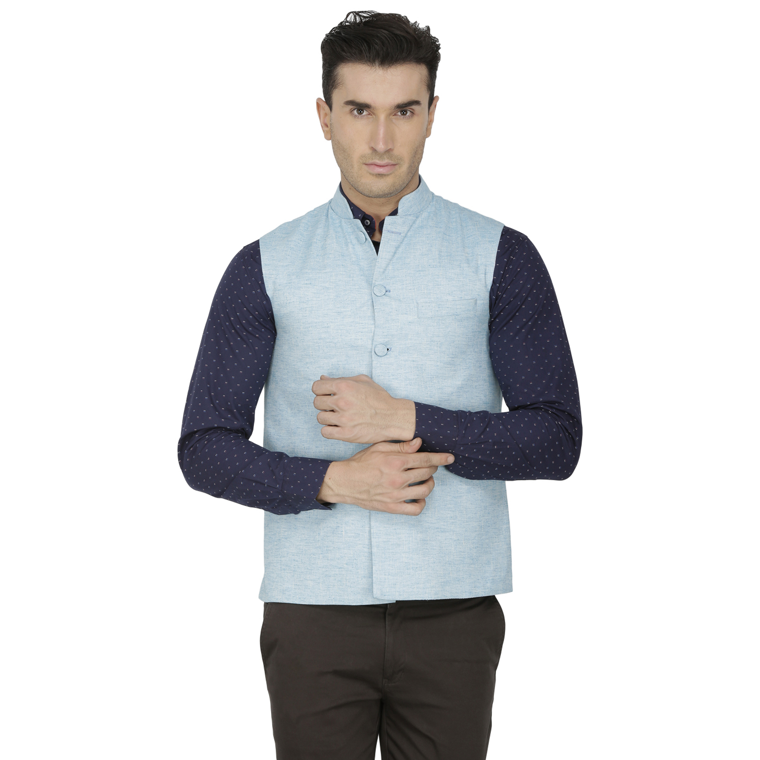 Buy Inspire Light Blue Linen Modi Jacket Online @ ₹999 from ShopClues