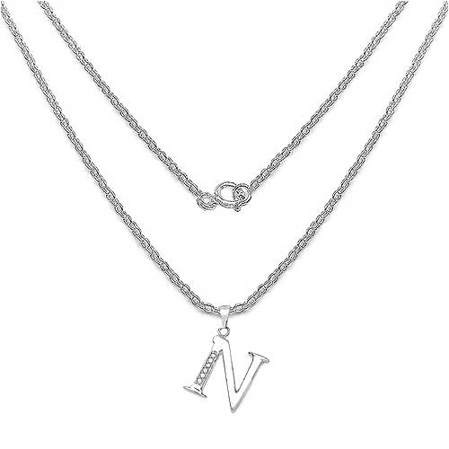 Real White Diamond Alphabet Letter N .925 Silver Pendant