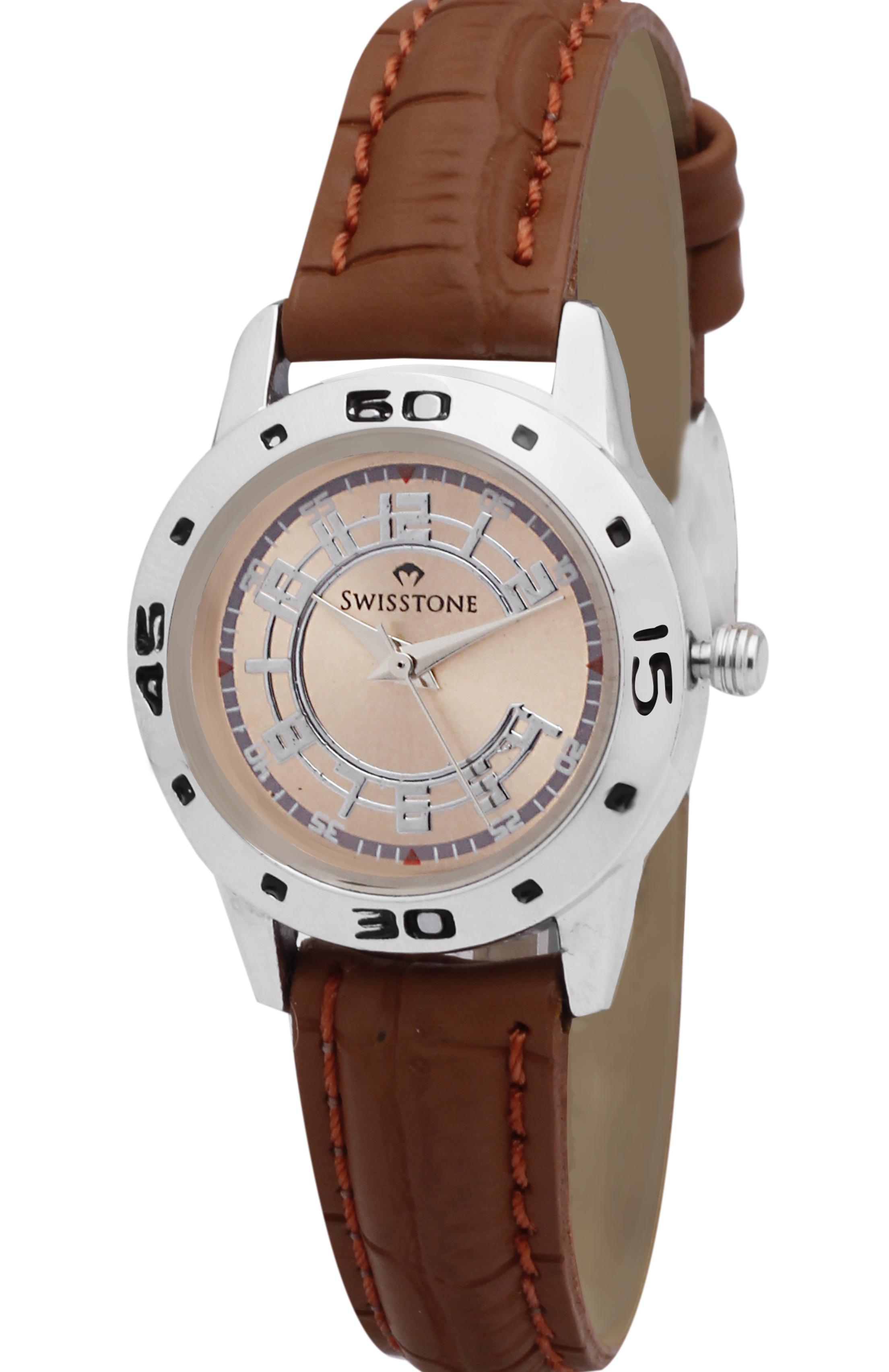 Buy Swisstone Brown Leather Strap Analog Watch for Women/Girls-ST-LR005 ...