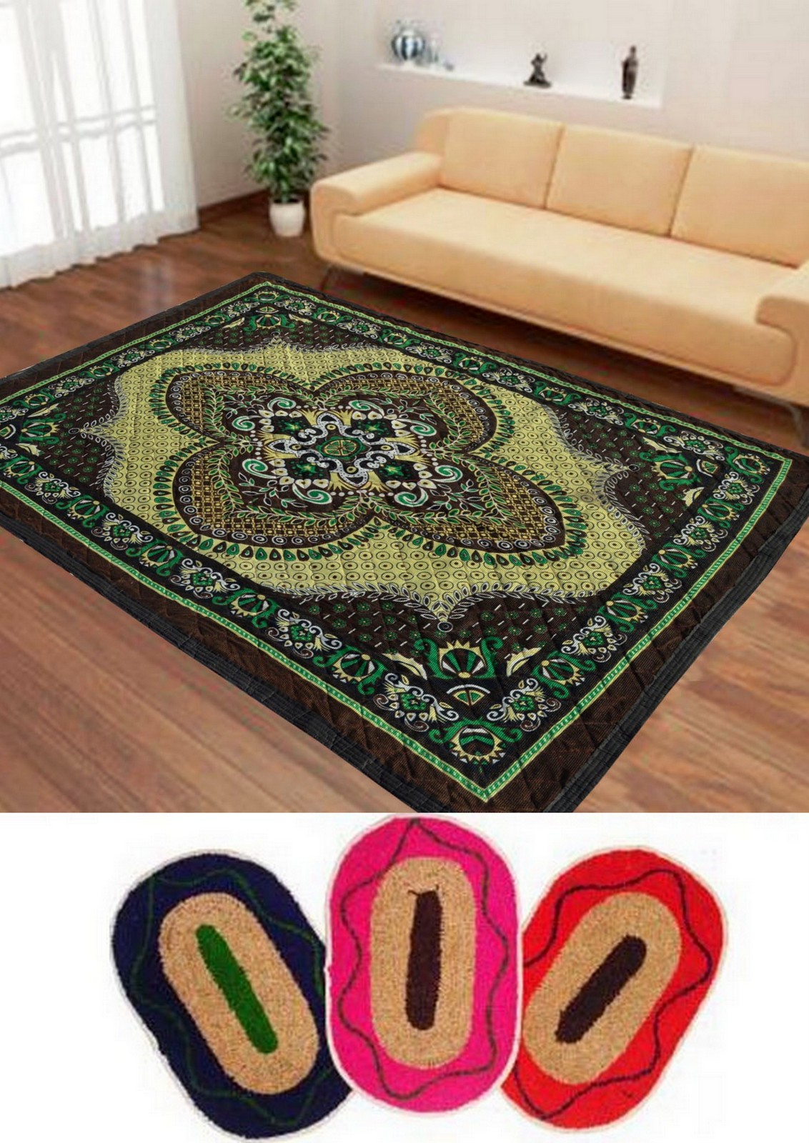 Buy Combo Of Traditional Design Quilted Carpet With 3 Mats Online ...