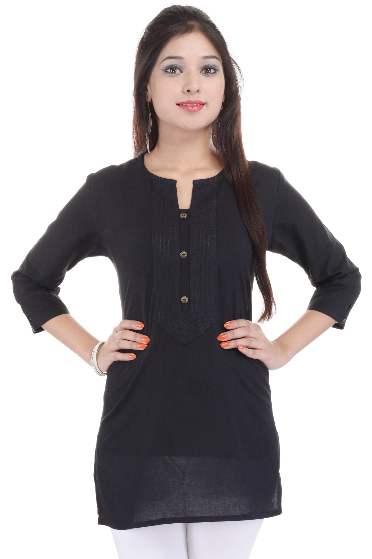 Buy Mystique India Black 3/4 Sleeve Round Neck Cotton Short Kurti For ...