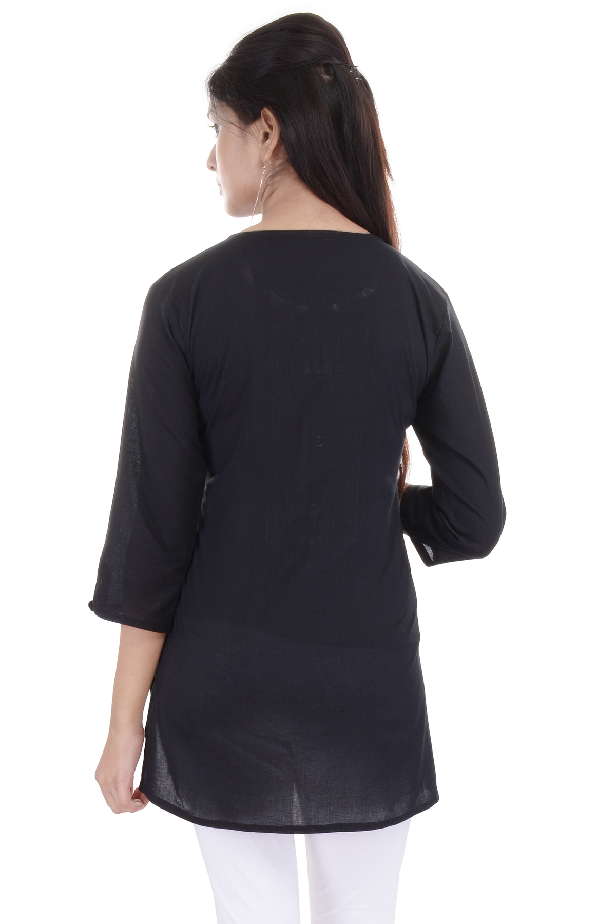 Buy Mystique India Black 3/4 Sleeve Round Neck Cotton Short Kurti For ...