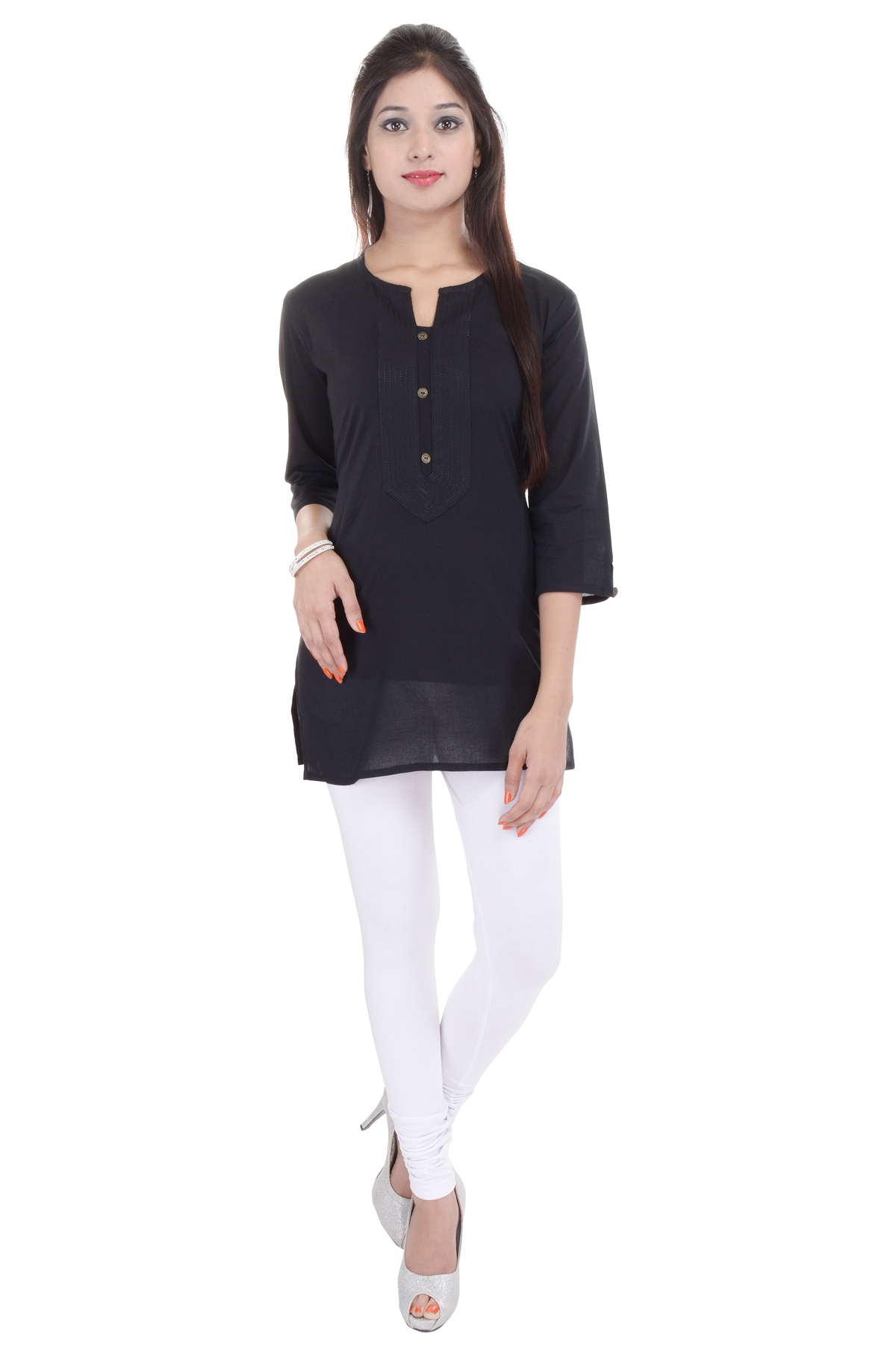 Buy Mystique India Black 3/4 Sleeve Round Neck Cotton Short Kurti For ...