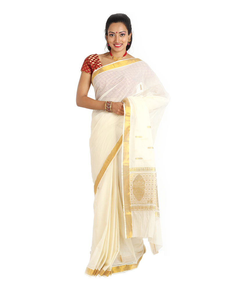 Buy Fashionkiosks Kerala Pure Cotton Kasavu checked Design jari pallu ...