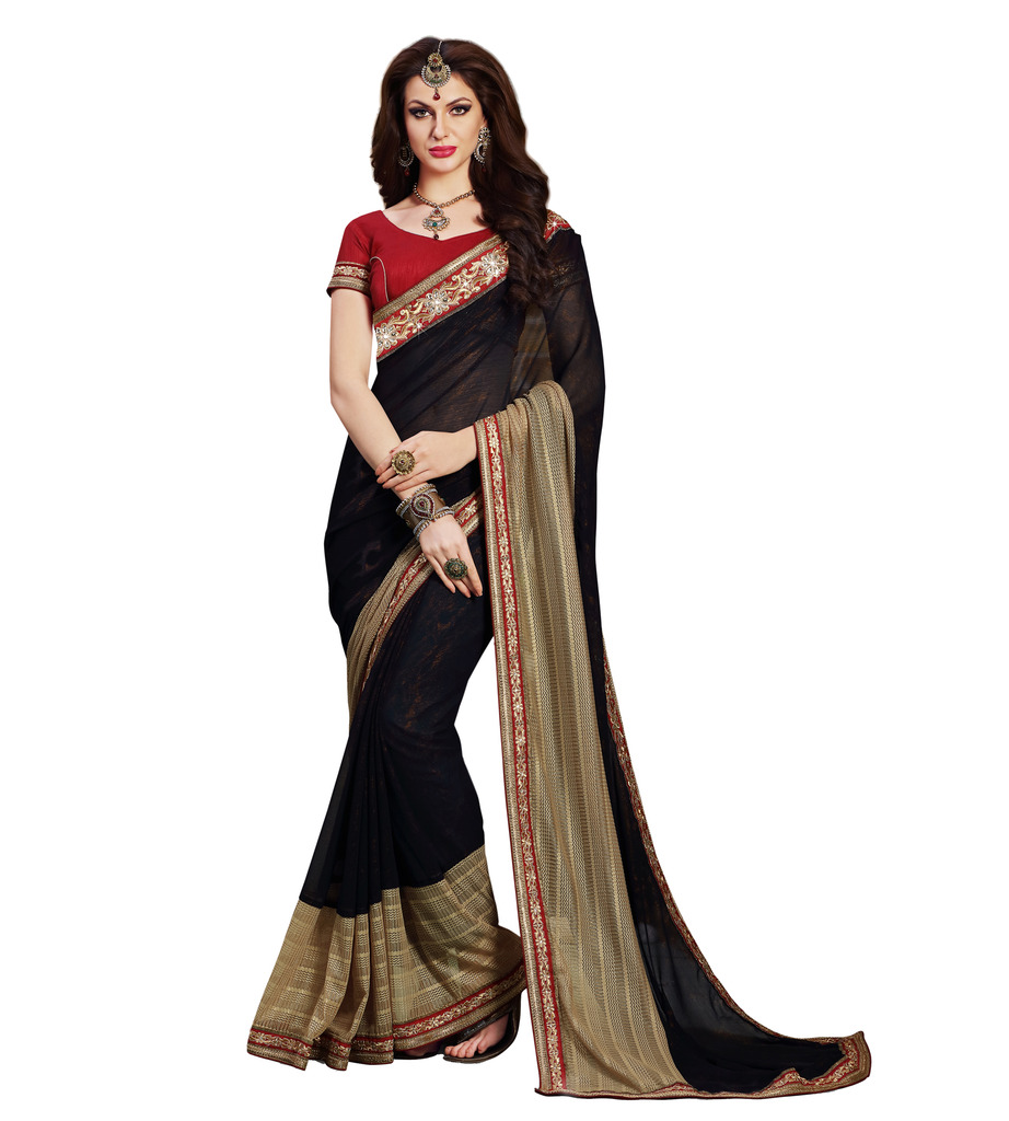 Buy The Ethnic Chic Black Beige Colored Faux Satin Chiffon Lycra ...
