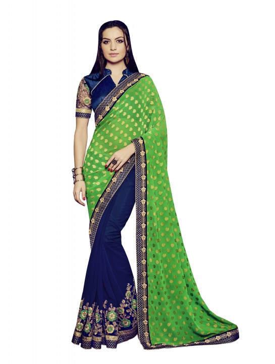 Buy Bahubali Green & Blue Georgette Embroidered Saree With Blouse ...