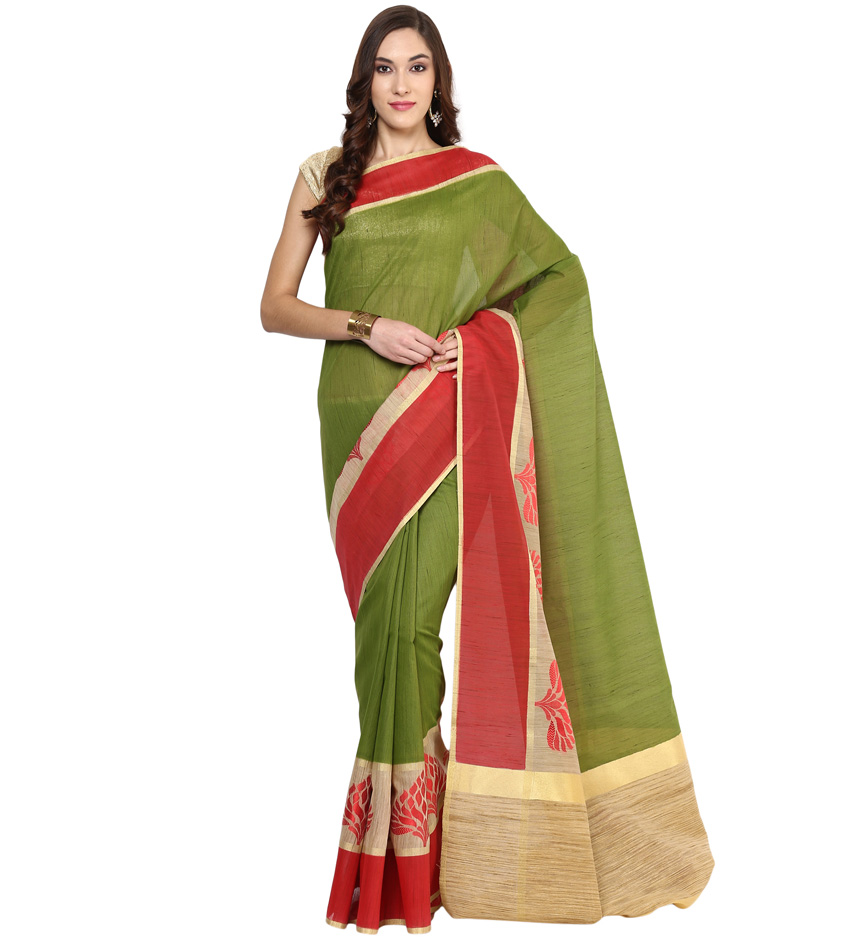 Buy Olive Cotton Ghicha Saree With Resham Work Online @ ₹3239 from ...