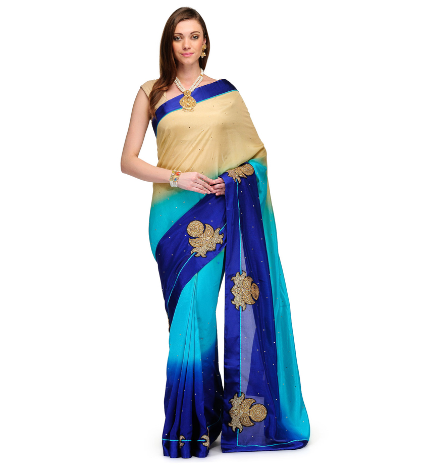 Buy Beige, Turquoise, Royal Blue Faux Crepe Shaded Saree Online @ ₹3079 ...