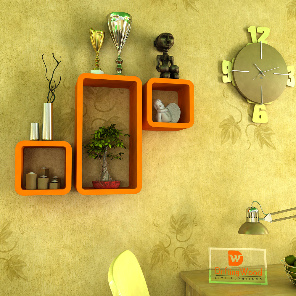 Buy DriftingWood Cube Rectangle Floating Wall Shelf Orange - Set Of 3 ...
