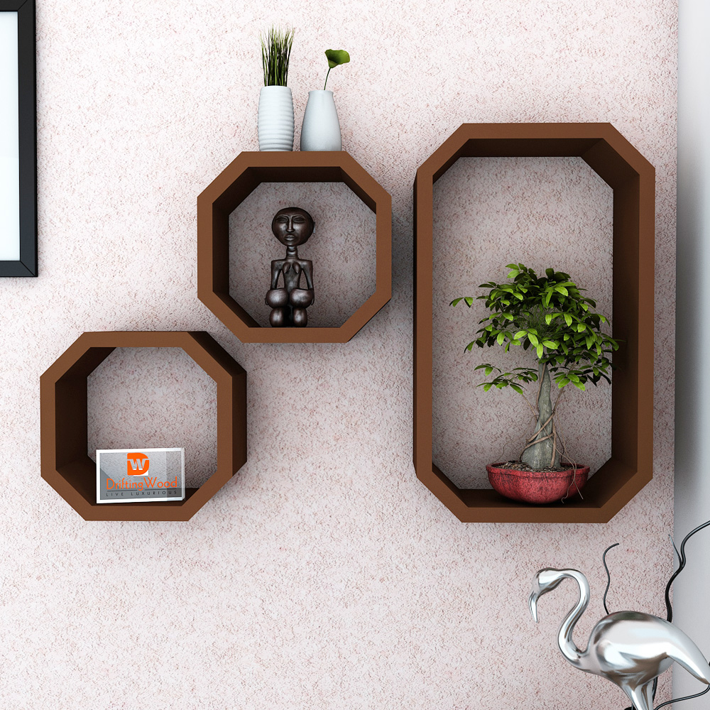 Buy DriftingWood Octagon Shape Floating Storage Wall Shelf Brown- Set ...