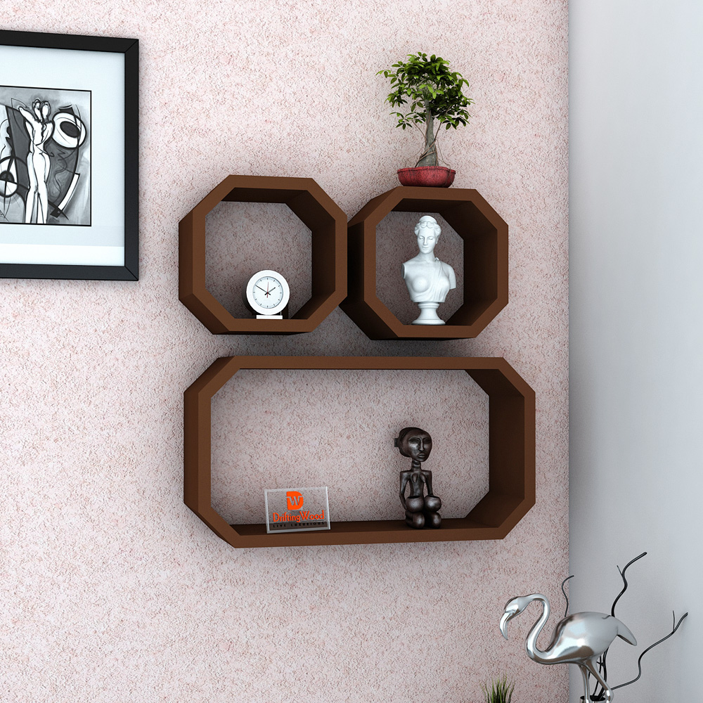 Buy DriftingWood Octagon Shape Floating Storage Wall Shelf Brown- Set ...