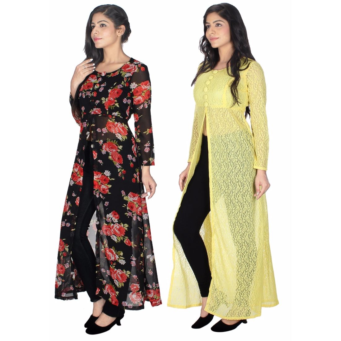 Buy Sukuma Multicolor Georgette And Net Front Slit Printed Long Kurtis ...