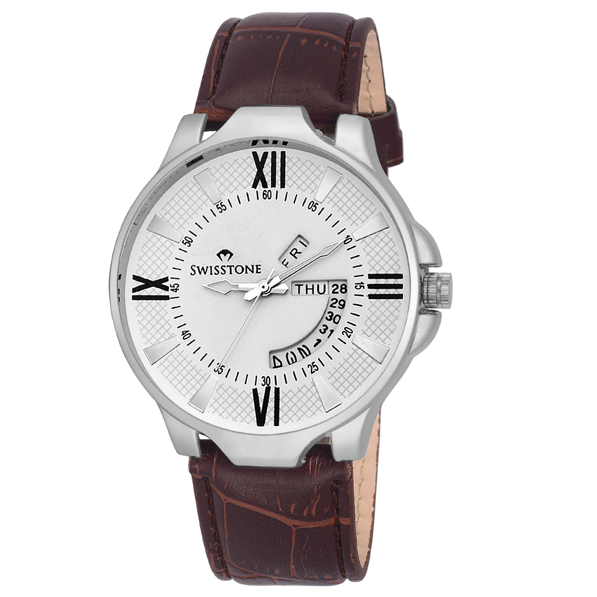 Buy Swisstone WHT105-WHT-BRW Day and Date White Dial Brown Leather ...