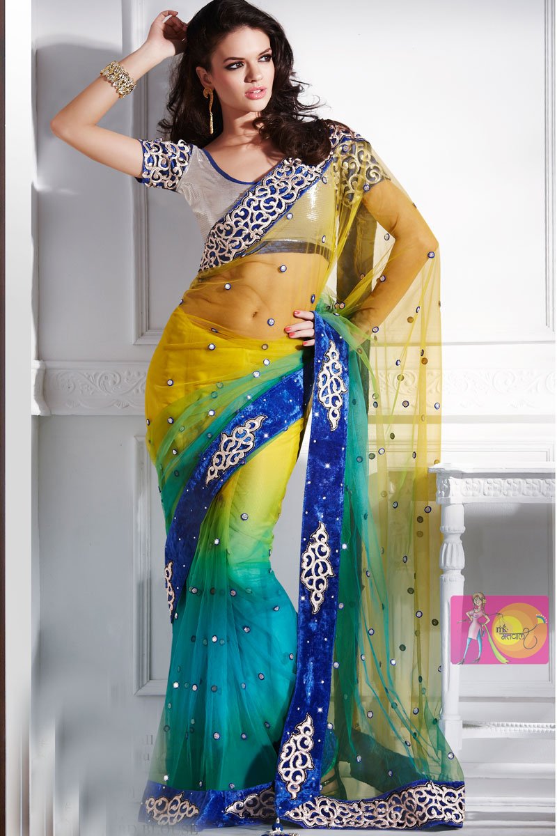 Fashionable Yellow And Blue Net Saree With Lace Border | Buy Sarees ...