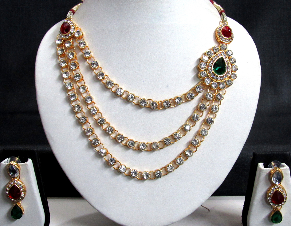 Buy One Side Big Brooch 3 Line Necklace Set Online @ ₹499 from ShopClues
