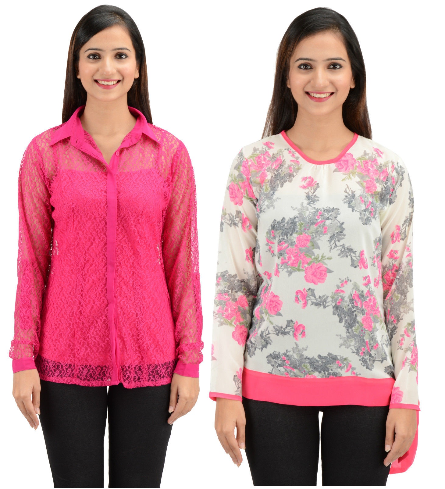 Buy Timbre Women Stylish Georgette Full Sleeves Tops N Net Casual Shirt ...