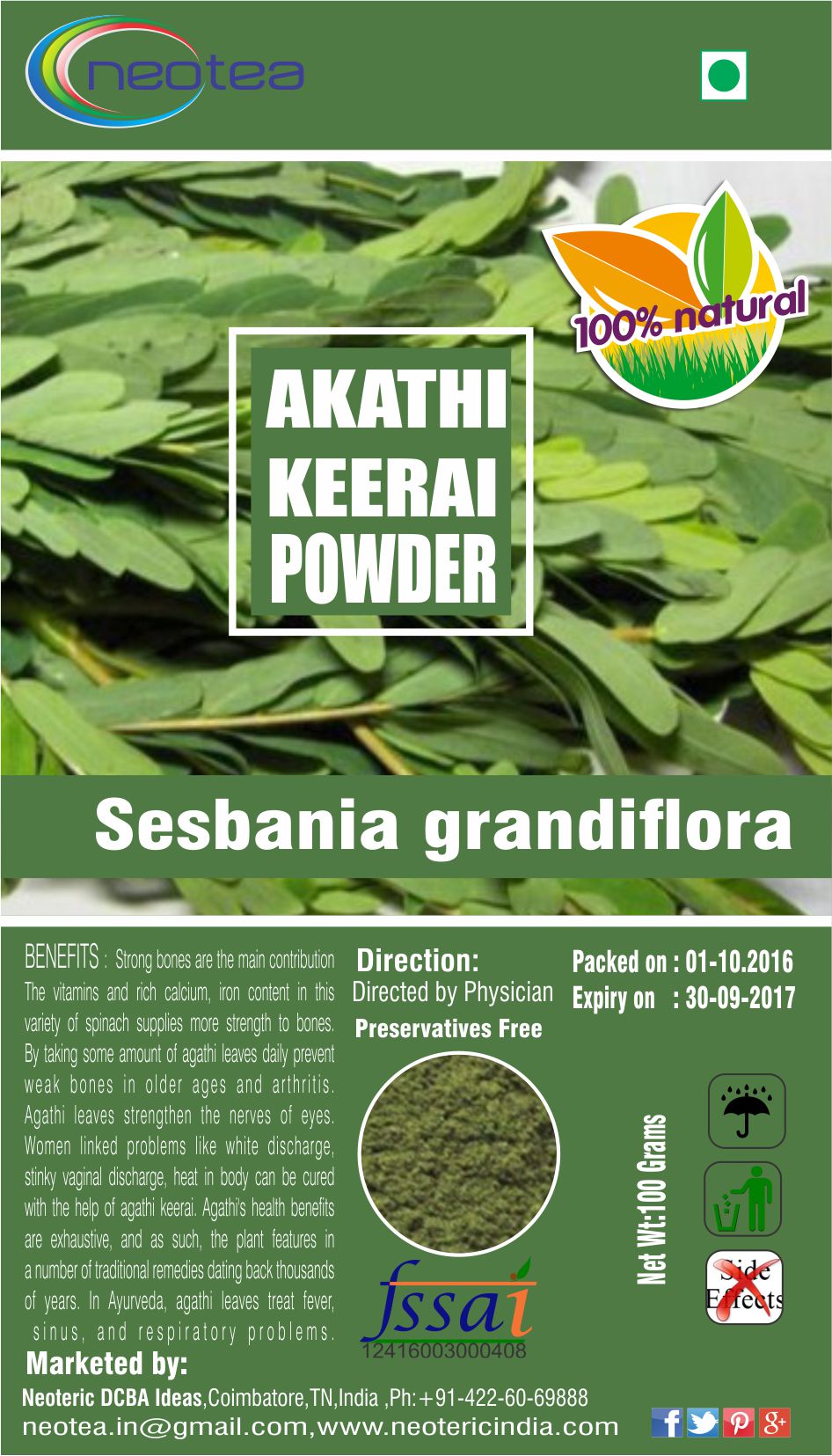 Buy AGATHI KEERAI POWDER (Sesbania grandiflora) 300 GRAMS Online @ ₹449 ...