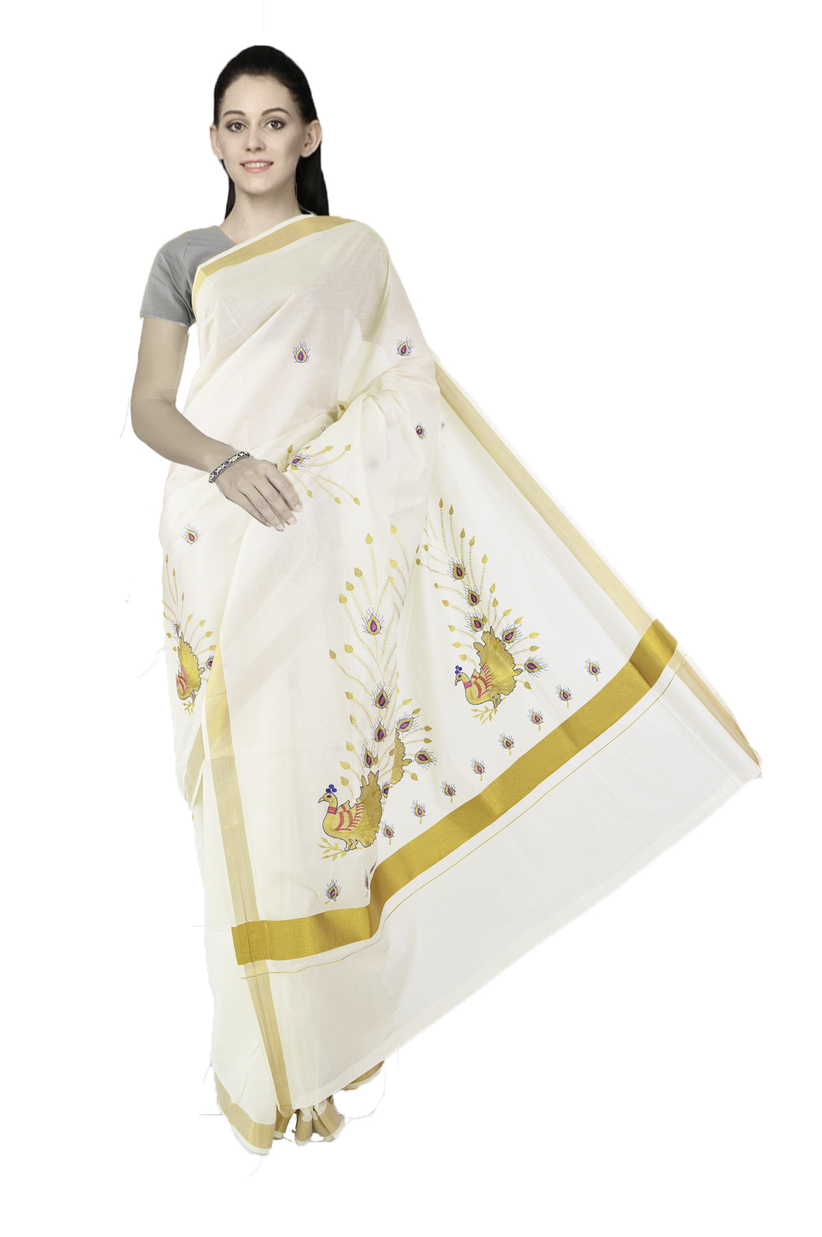 Buy Kerala Cotton Gold or Jari Peacock Embroidery Saree with Running ...