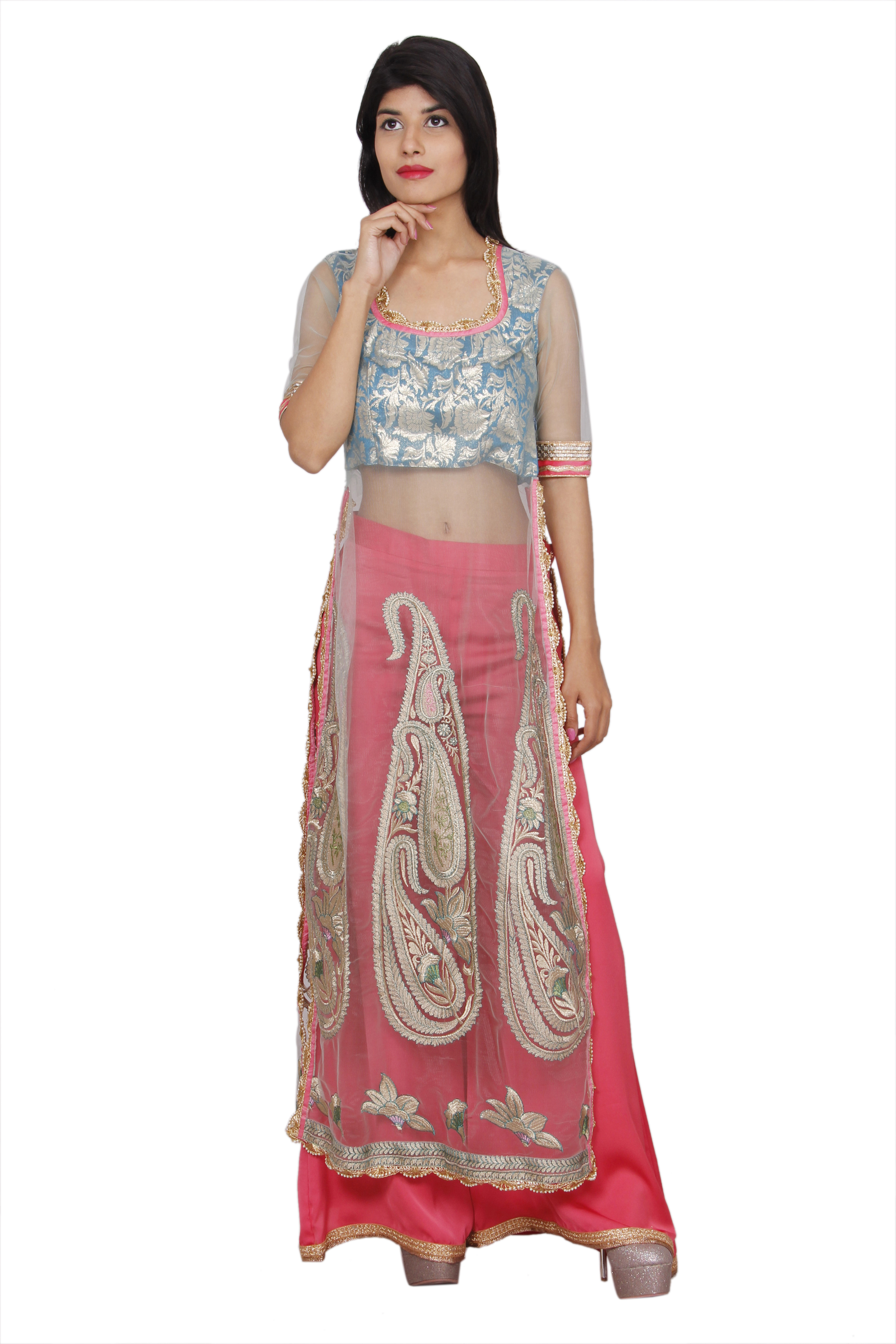 Buy Priyanka Choudhary Light Blue Color Net Fabric Round Neck Half ...
