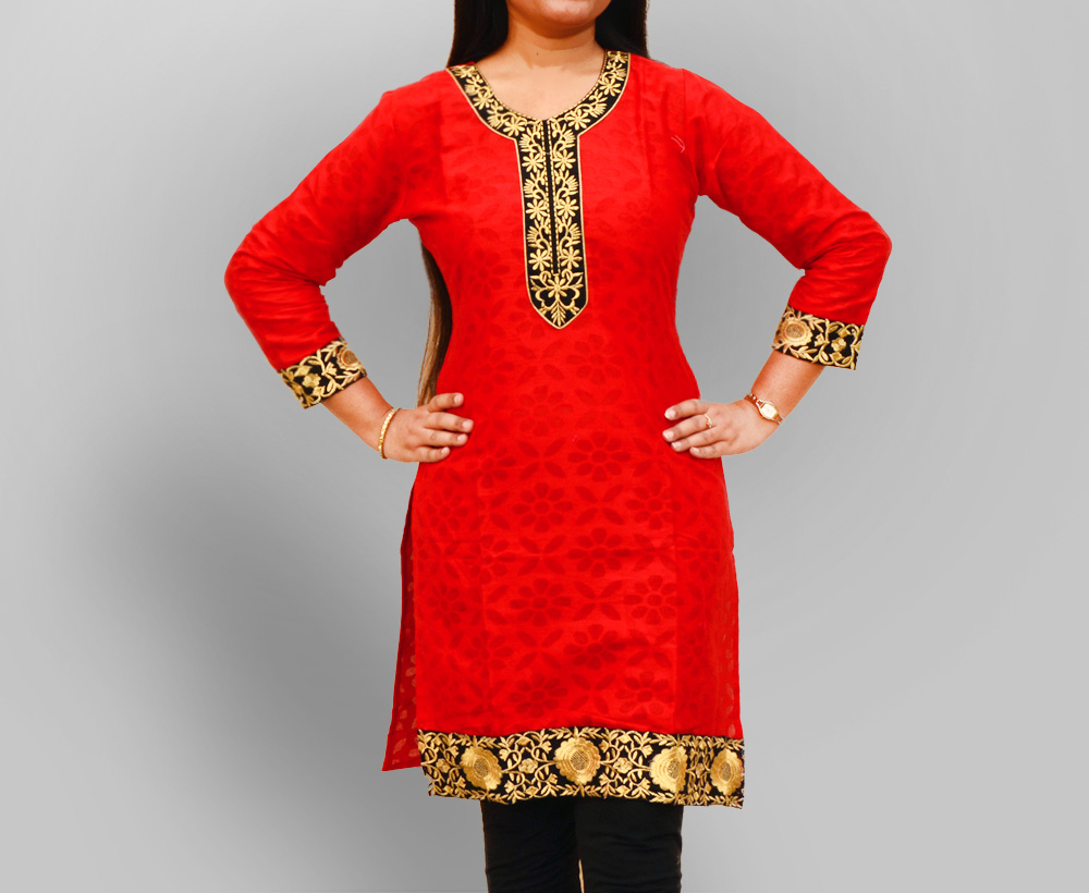 Red color jacquard kurti with beautiful border design