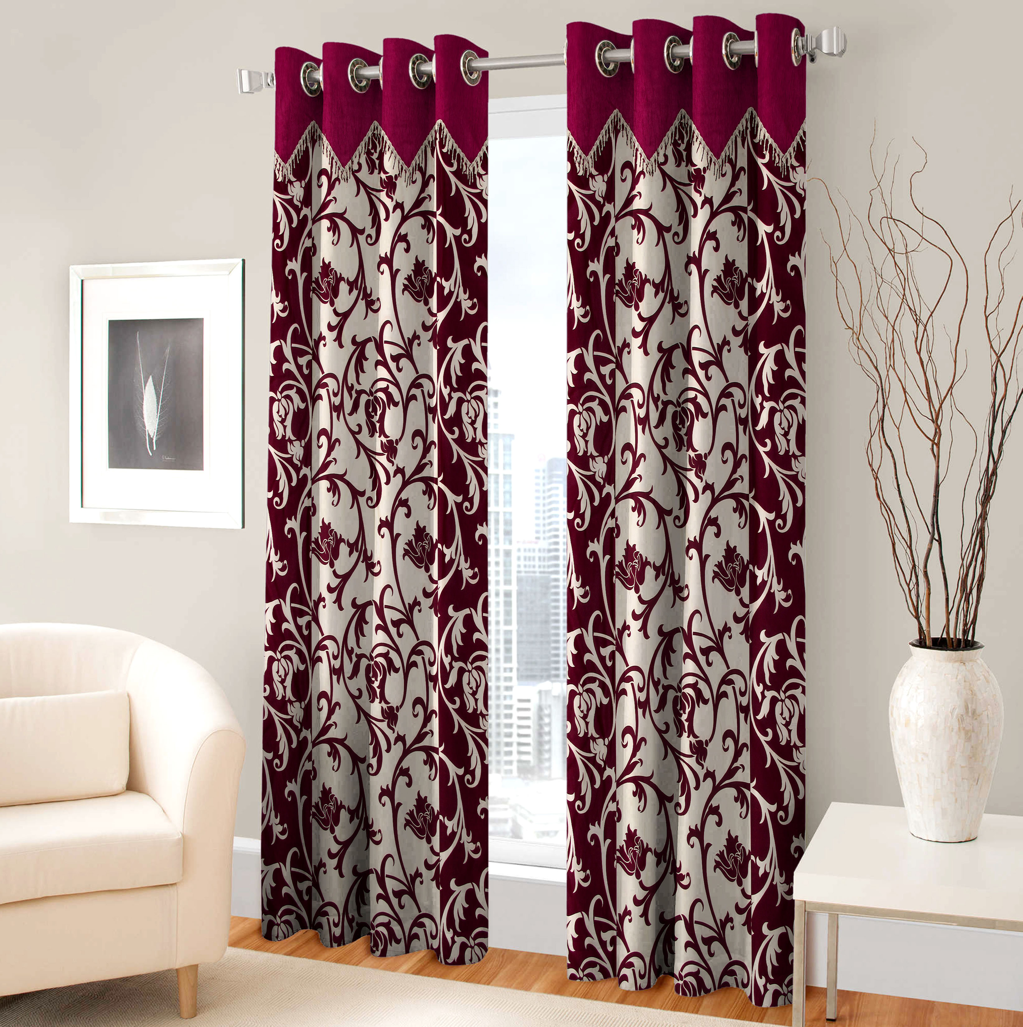 Fashion Fab Single Piece Long Door Eyelet Maroon Fancy Printed Curtains