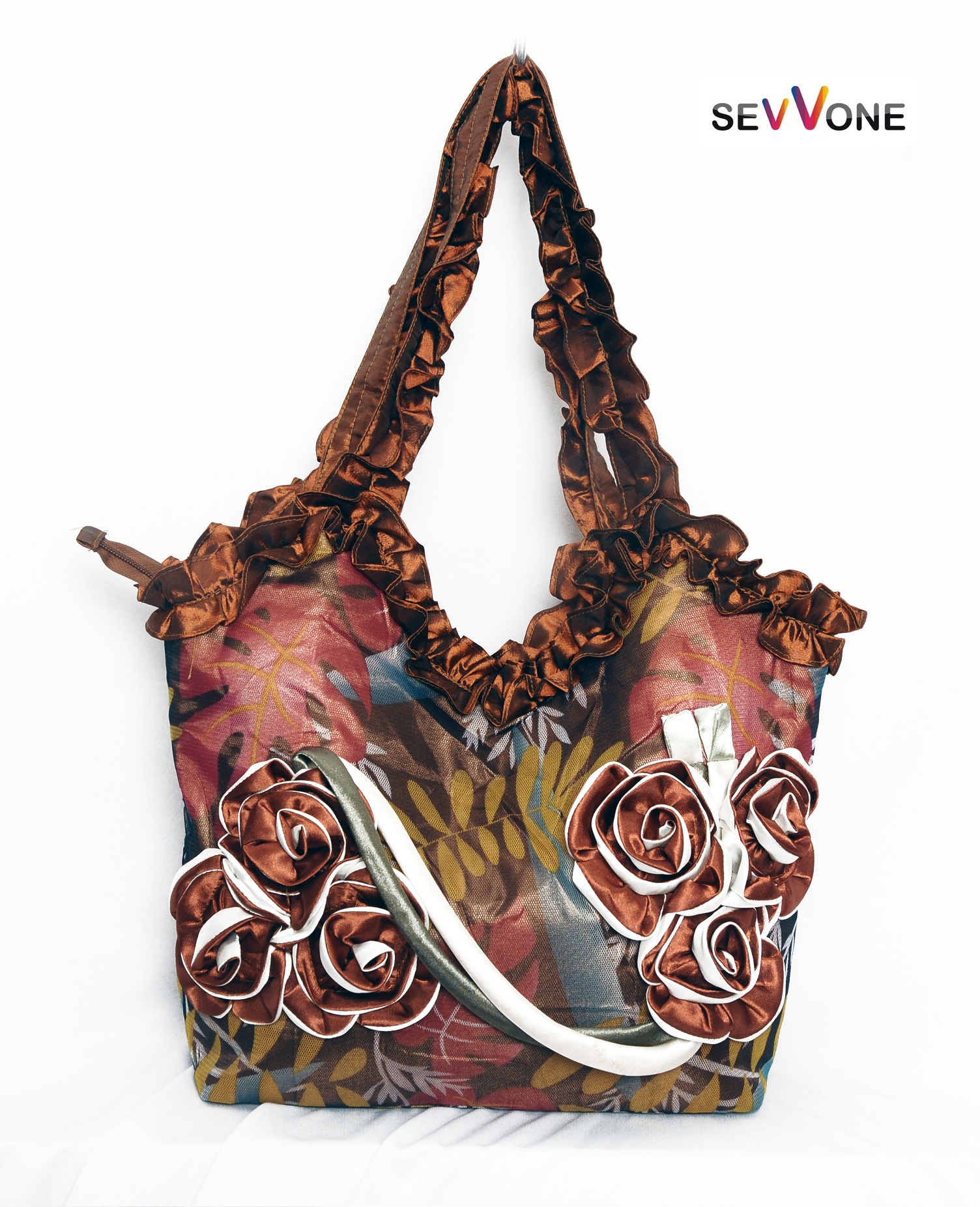 Sevvone Exclusive Brown Flower Design Handbag