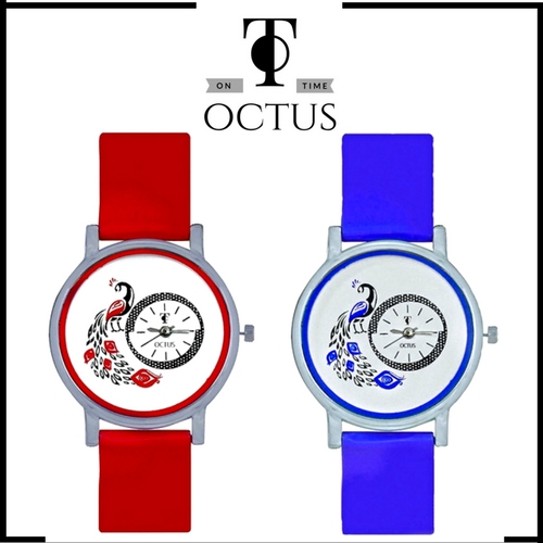 Buy Peacock Red And Black Colour Round Dial Analog Watches Combo For ...