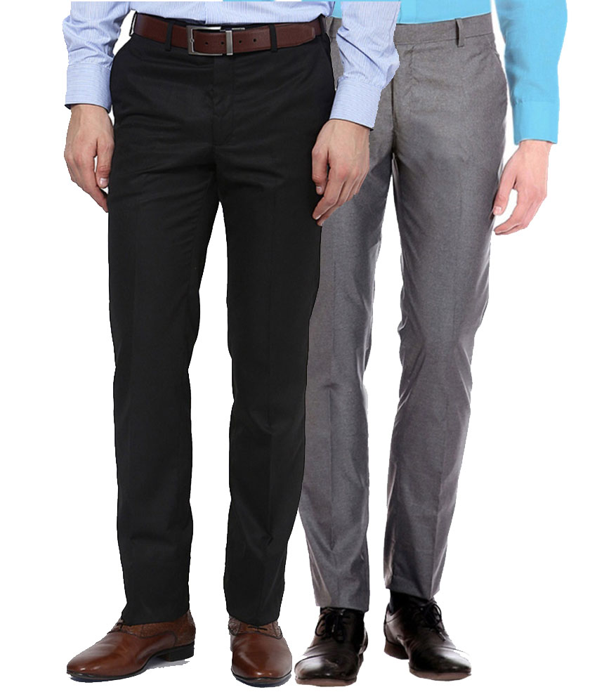 Buy AD & AV Black And Gray Regular Fit Formal Flat Trousers - Pack Of 2 ...