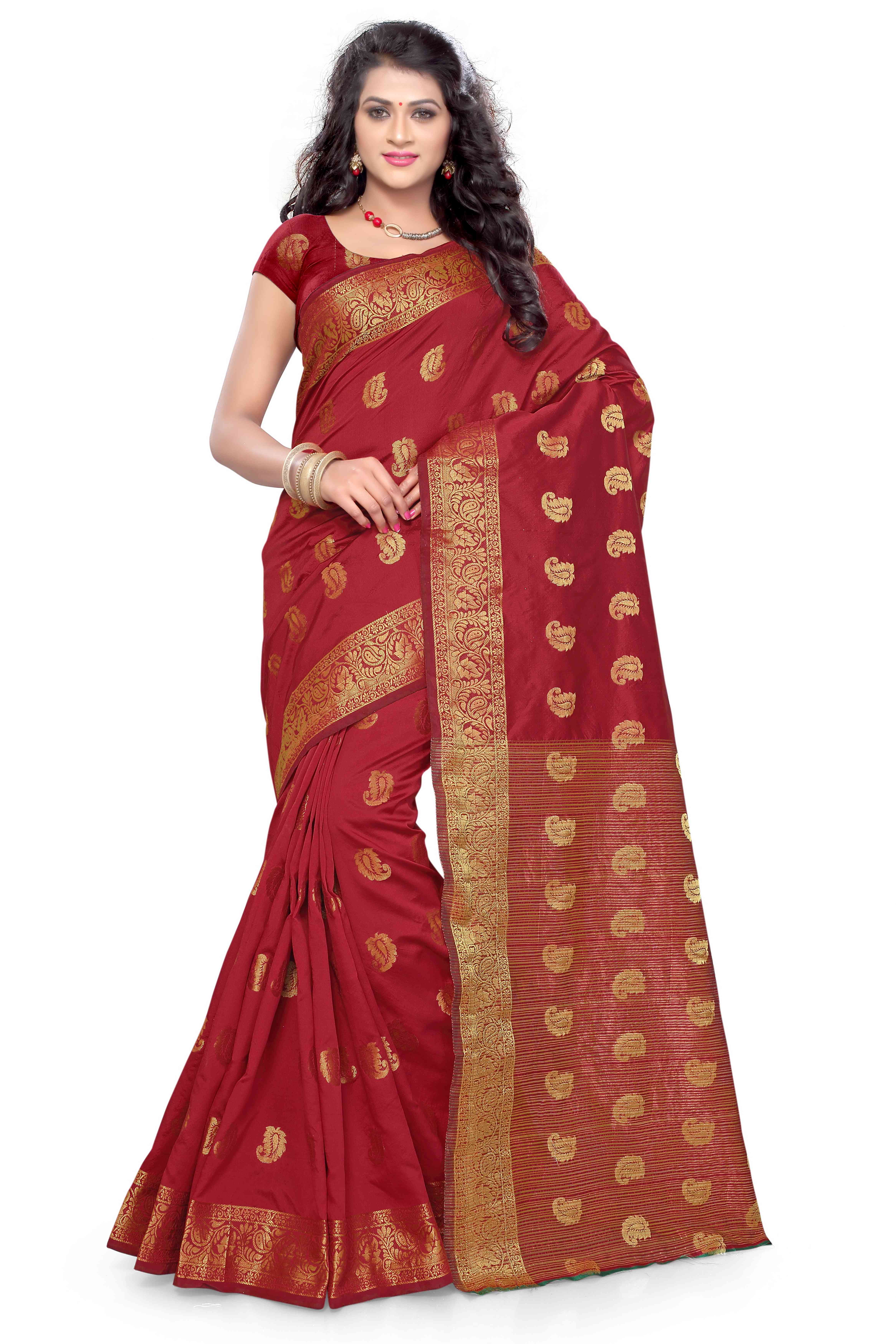 Buy Satyam Weaves Red Jacquard Self Design Saree With Blouse Online ...