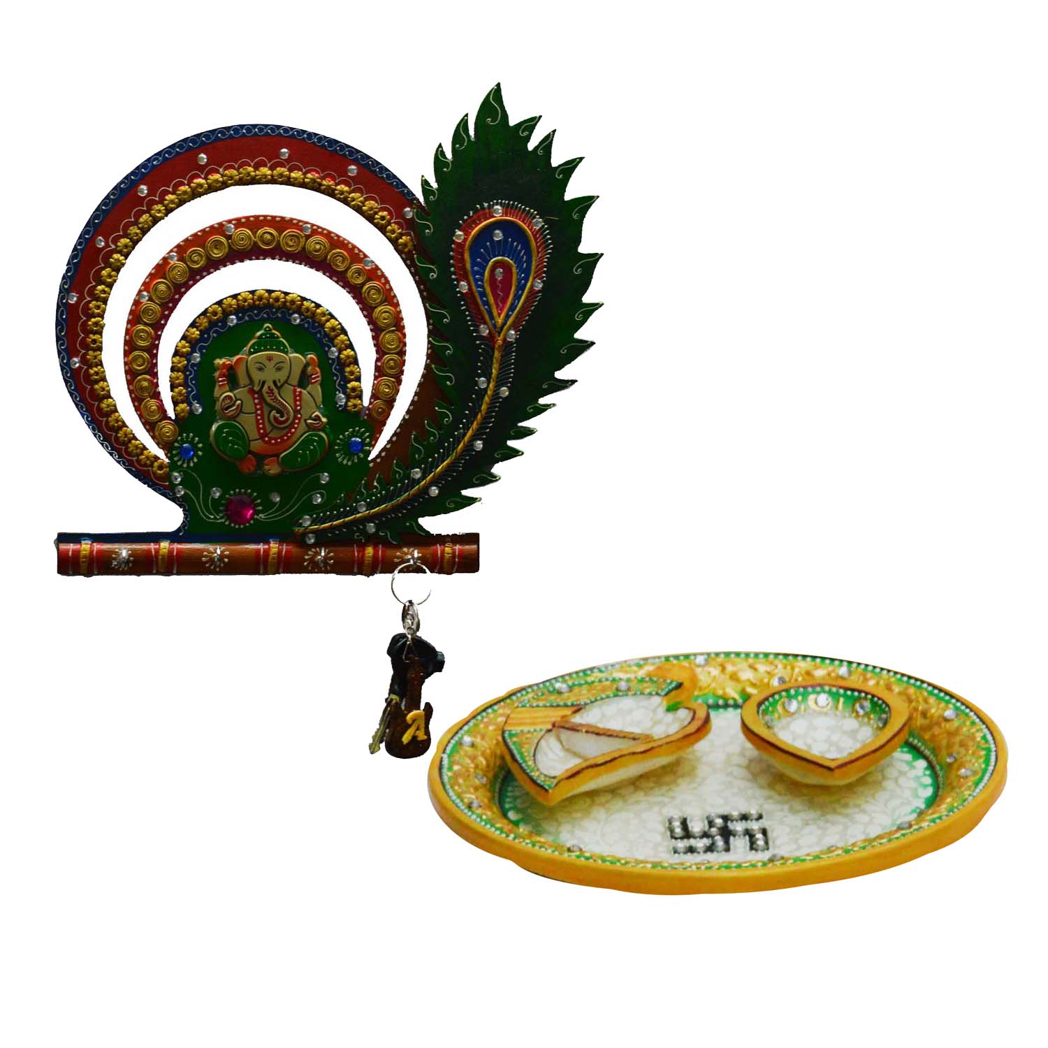 Online Combo of Lord Ganesha with Mor Pankh Key Holder and Pooja Thali ...