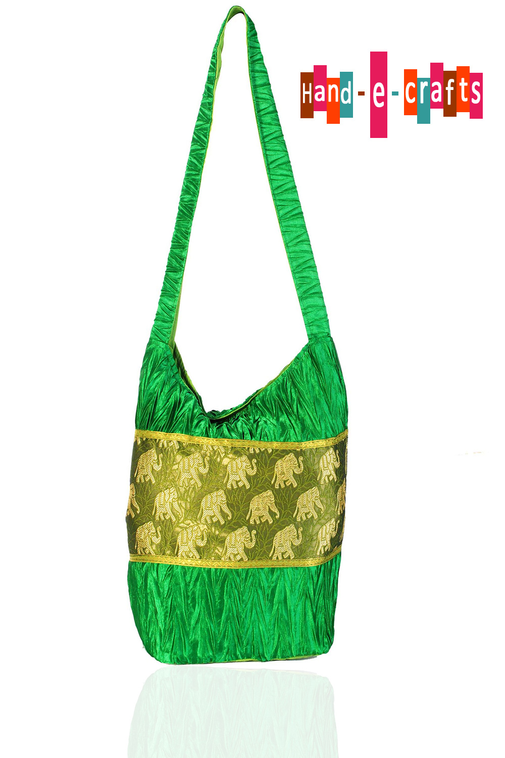Hand-e-Crafts Fluorescent Green Zari Crush Jhola Bag