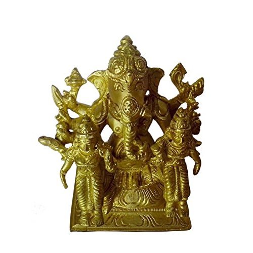 Buy Brass Metal Hinduism Statue Of God Ganesh With Both Wife Of Ganesh ...