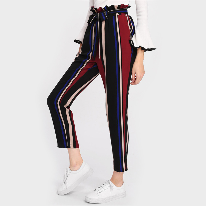 Buy Pants Women Self Belted Frilled Waist Striped Pants Elastic Waist ...