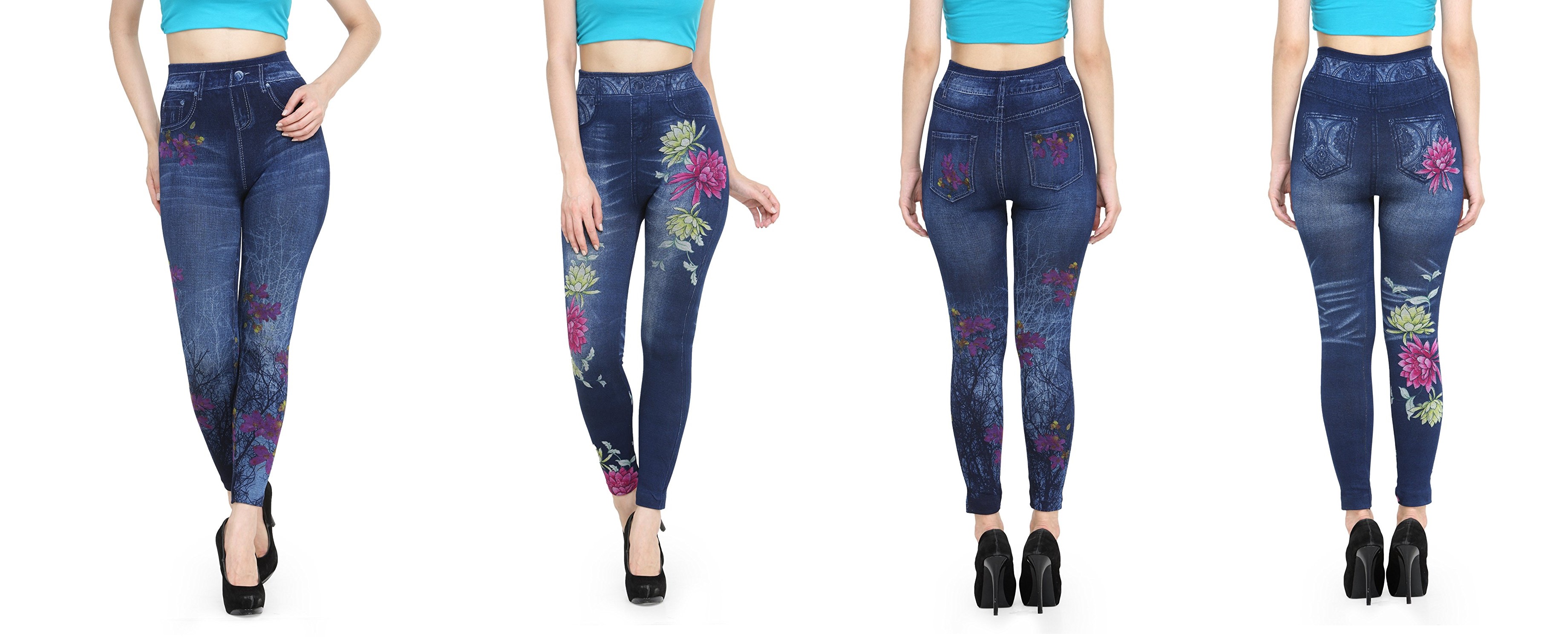 Buy (PACK OF 5) Women Printed Denim Jeggings / Leggings - FREE SIZE -(S ...