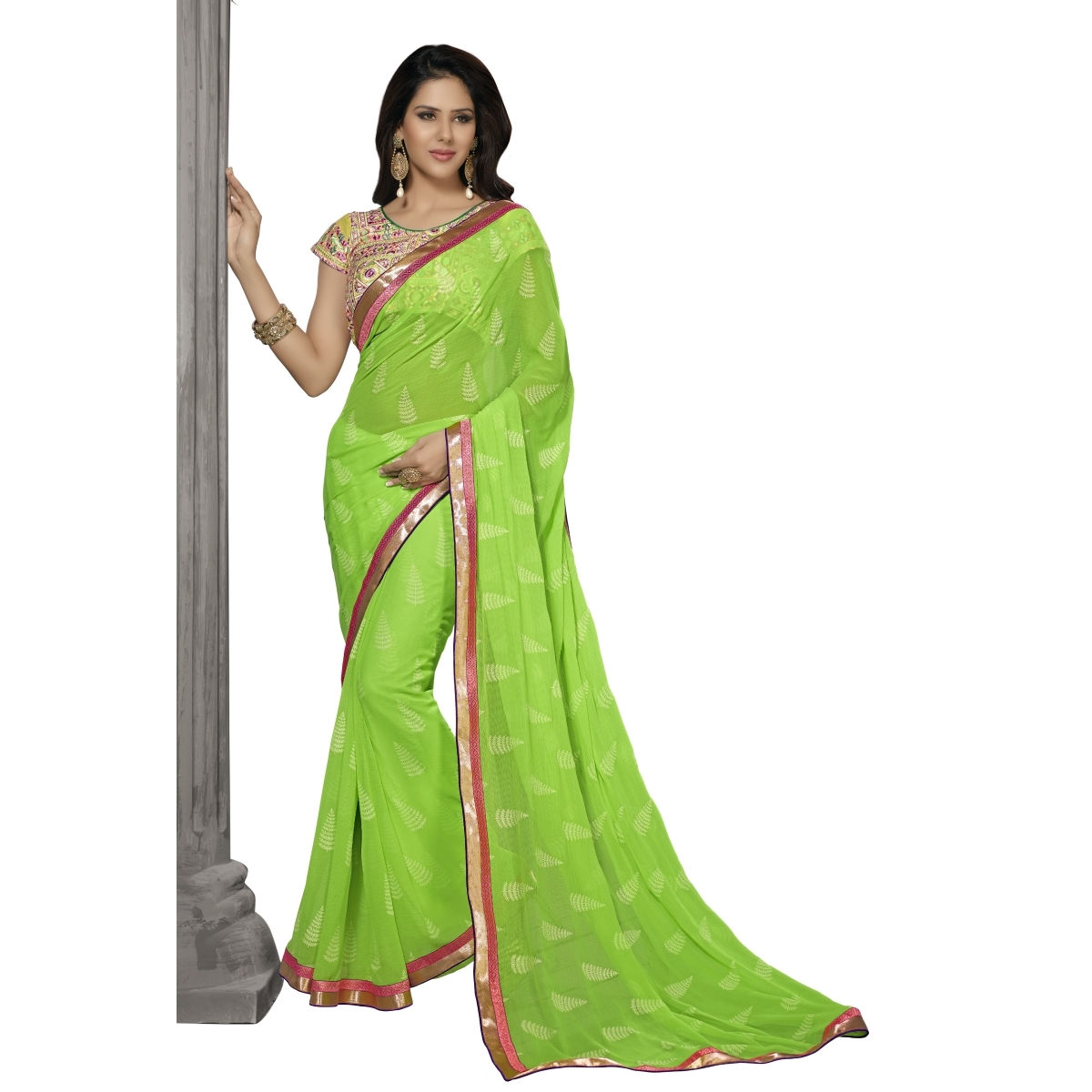 Buy Aagaman Green Chiffon Self Design Saree With Blouse Online @ ₹2659 ...