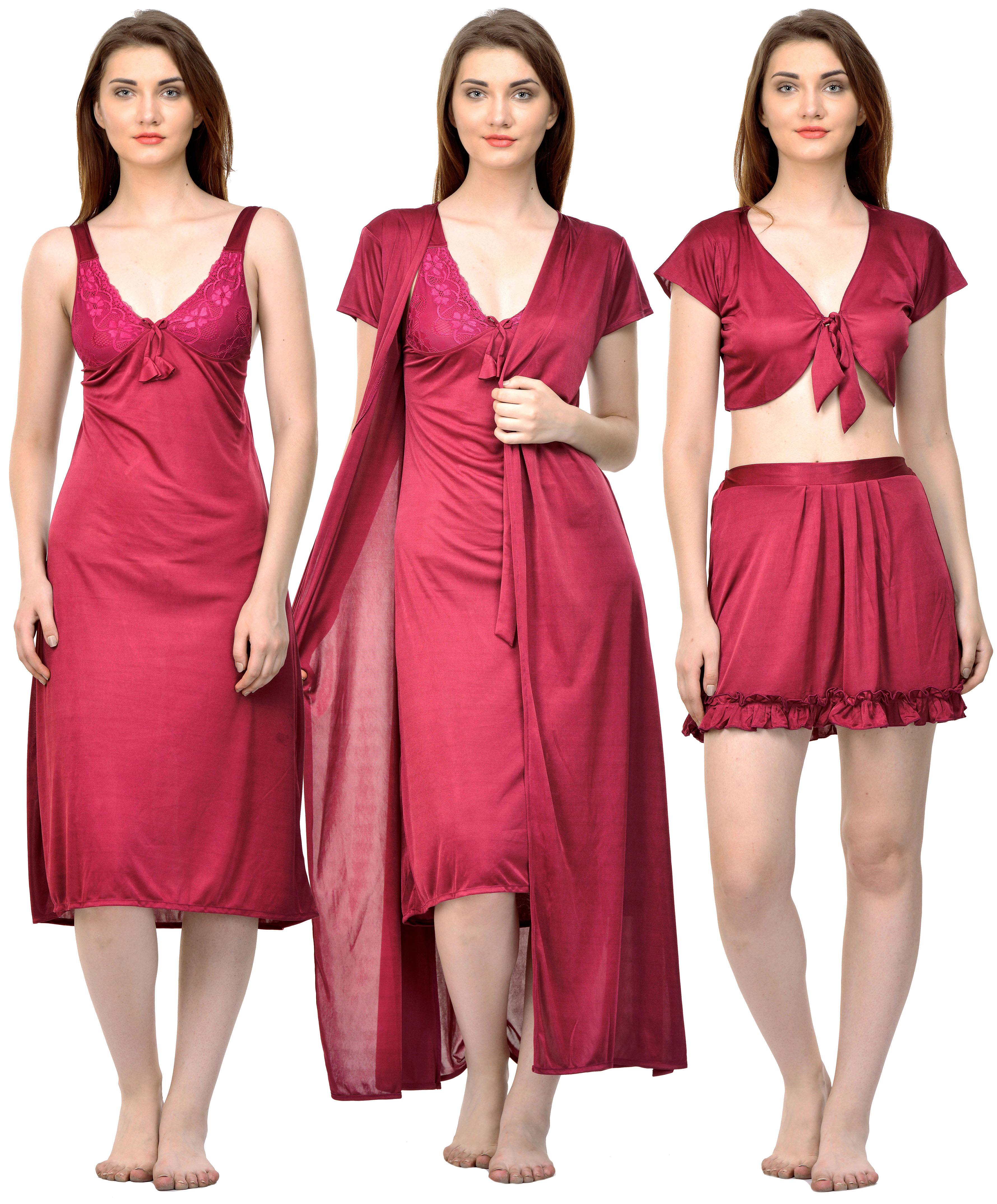 Buy Boosah Women's Maroon Satin Solid Top & Skirt & Robe & Nighty ...