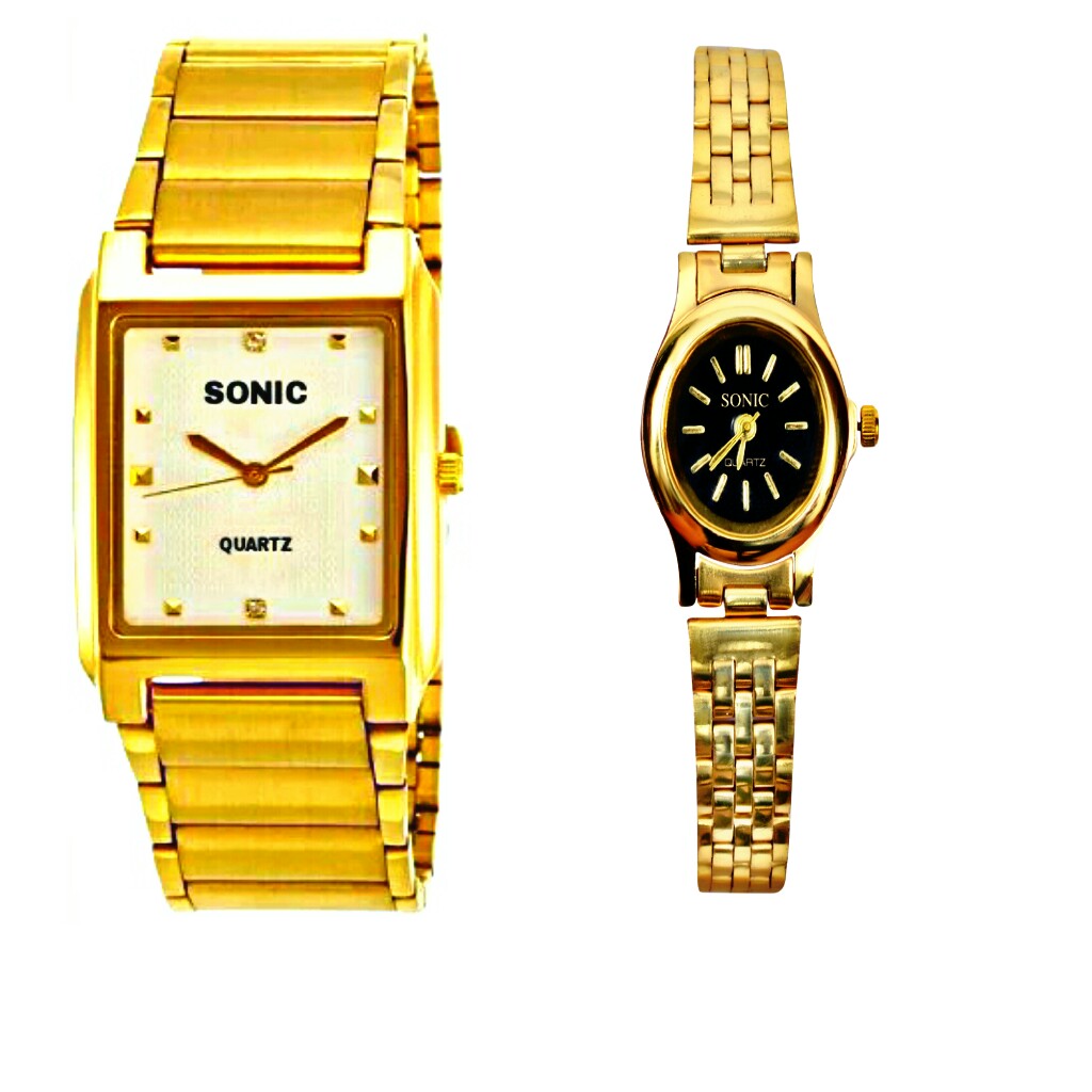 Buy SONIC GOLDEN CHAIN RECTANGULAR(WHITE)DIAL MEN AND LADIES ROUND ...