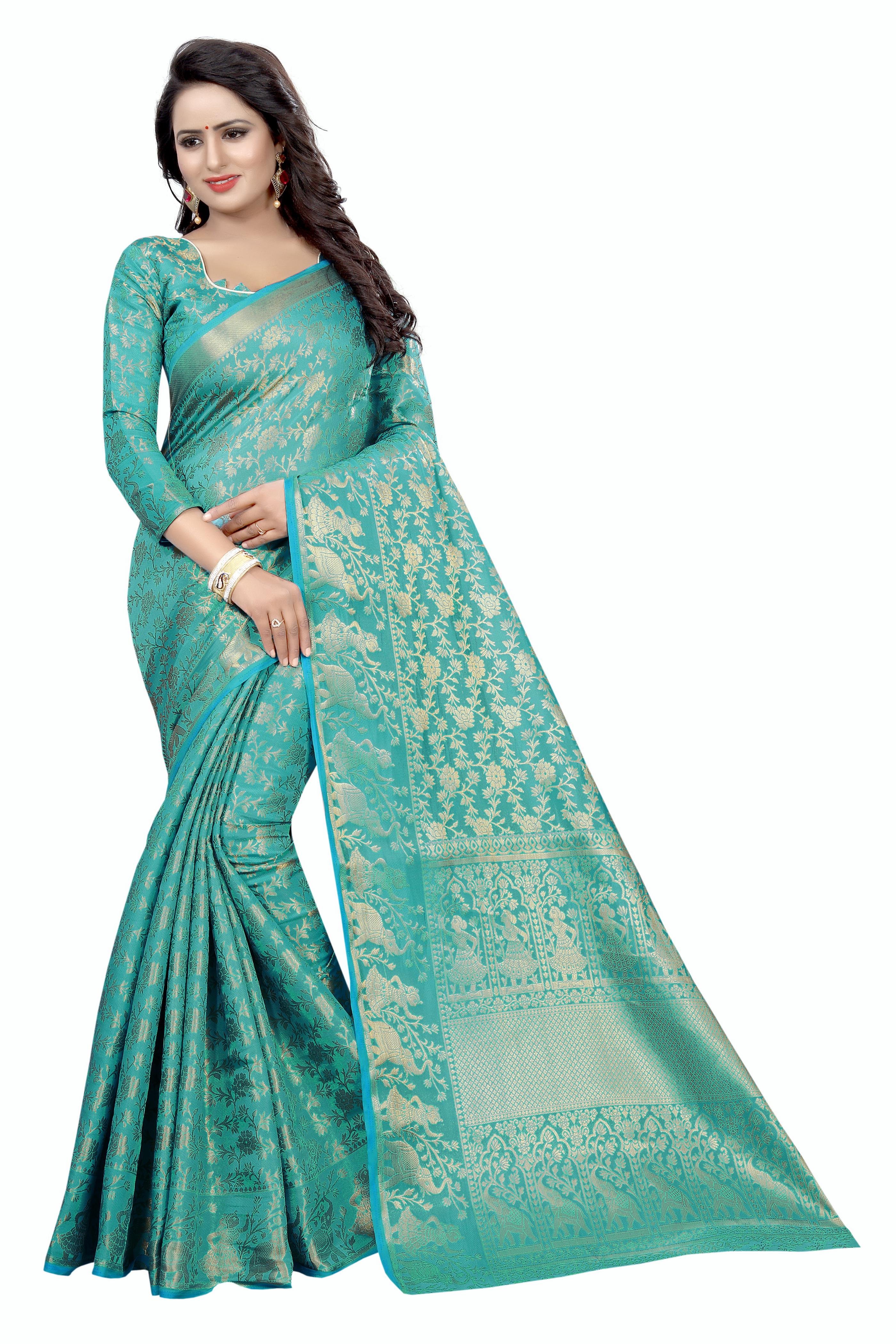 Buy Satyam Weaves Women's Ethnic Wear Banarasi Cotton Silk Rama Colour ...