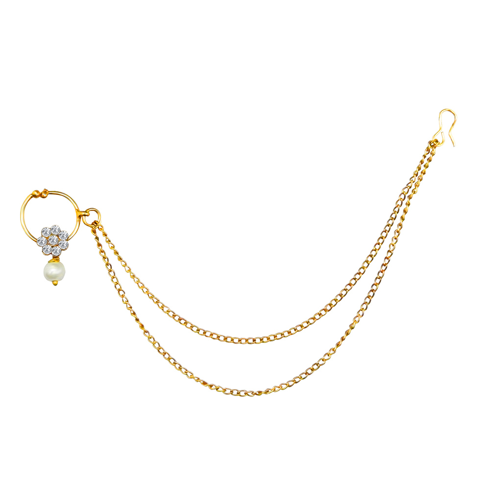 Buy JewelMaze White Austrian Stone Gold Plated Chain Nose Ring-1503501 ...