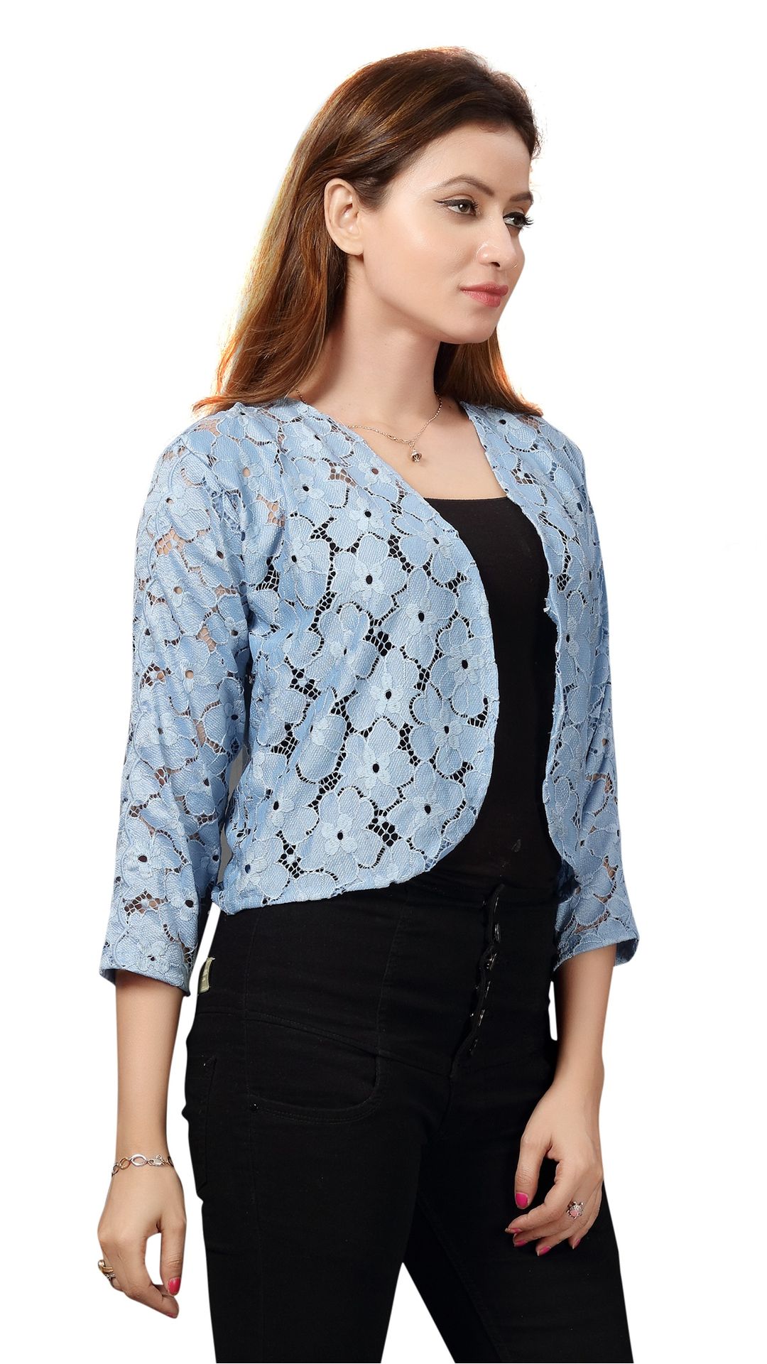 Buy Bfly Women's Netted Stylish Short Shrug (Blue & White)+Freebie ...
