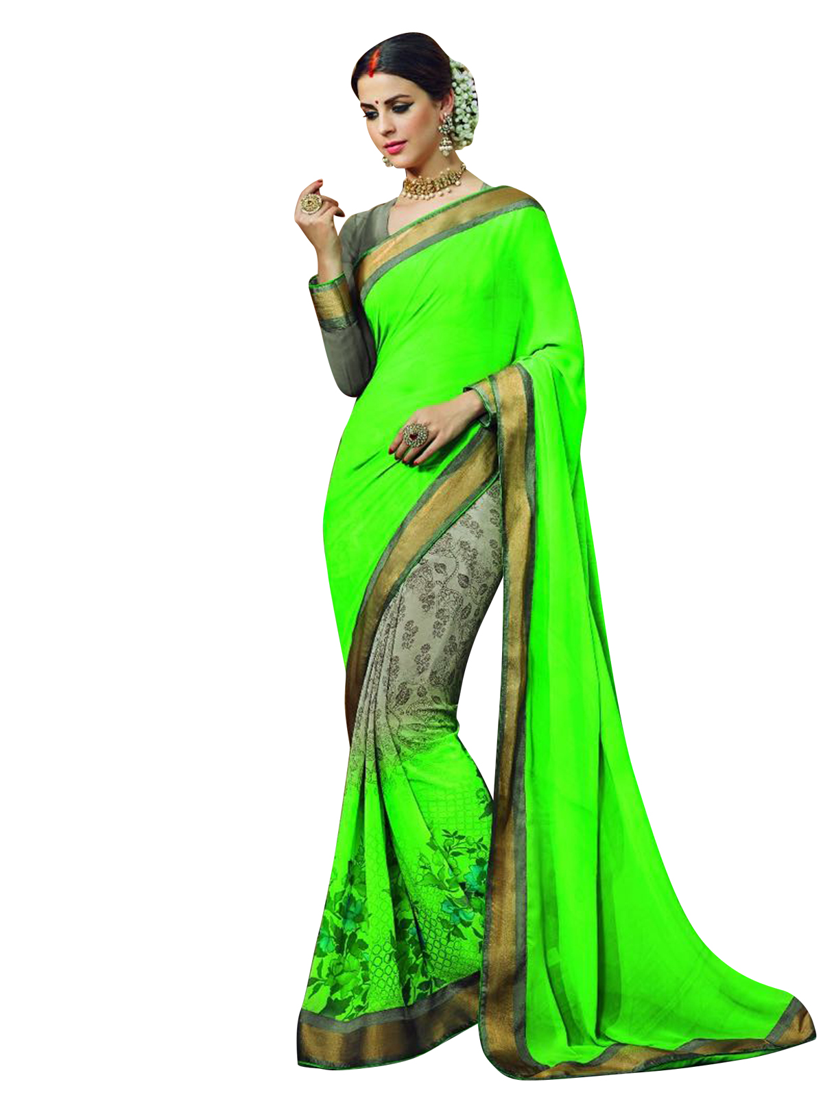 Buy PR Fashion Georgette Green Saree With Unstitched Blouse Online ...
